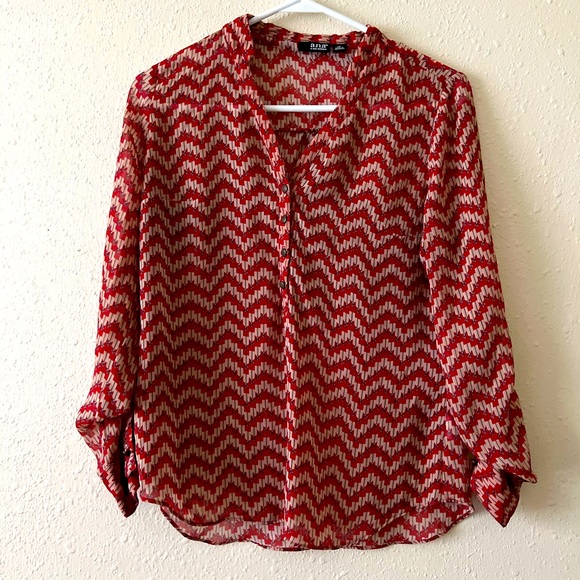 Tops | Shear Red Top With Pattern | Poshmark